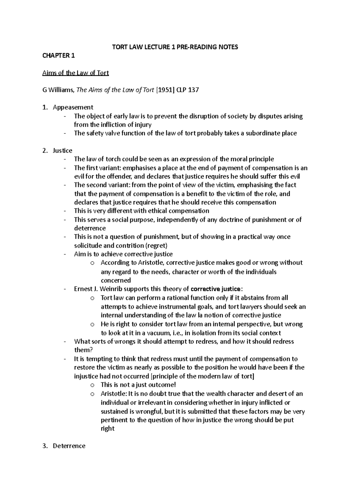 Tort Law Lecture 1 pre-reading - TORT LAW LECTURE 1 PRE-READING NOTES ...