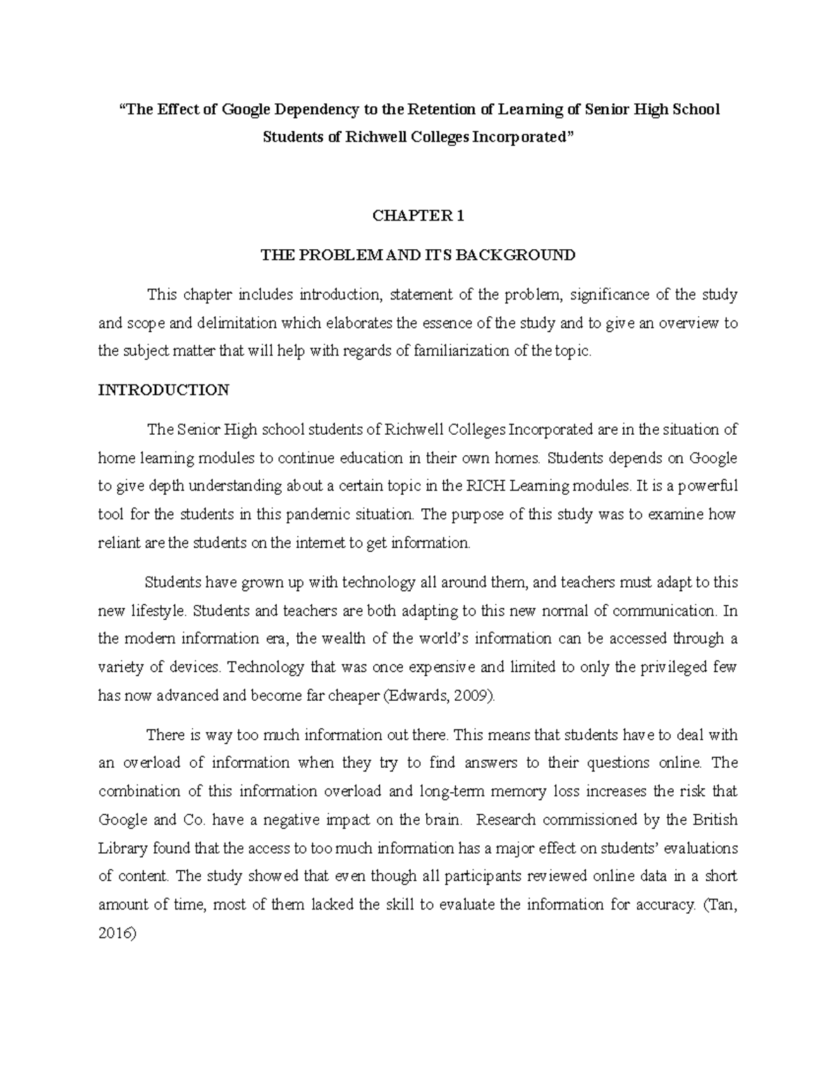 The Effect of Google Dependency to the Retention of Learning of Senior ...