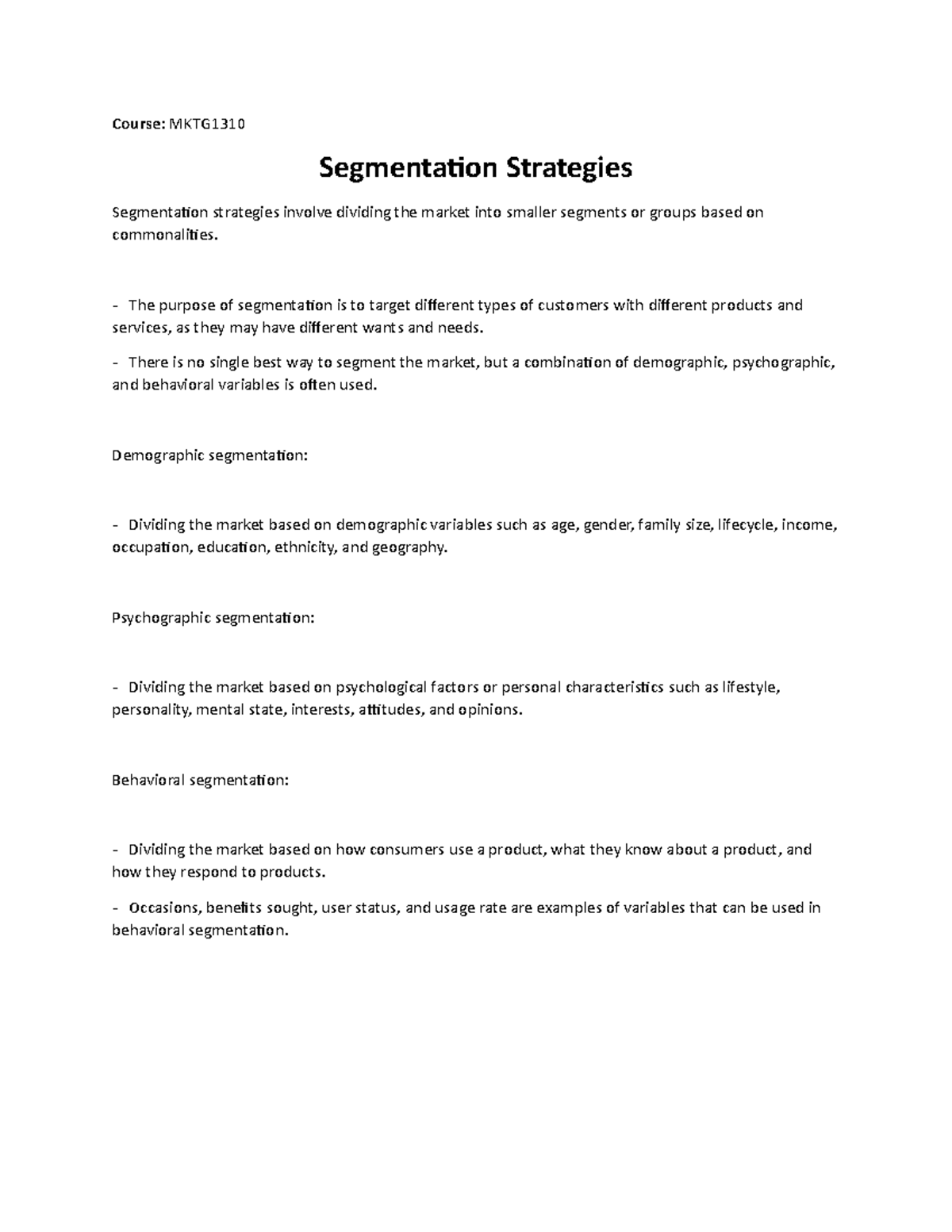 Segmentation Strategies - Course: MKTG Segmentation Strategies ...
