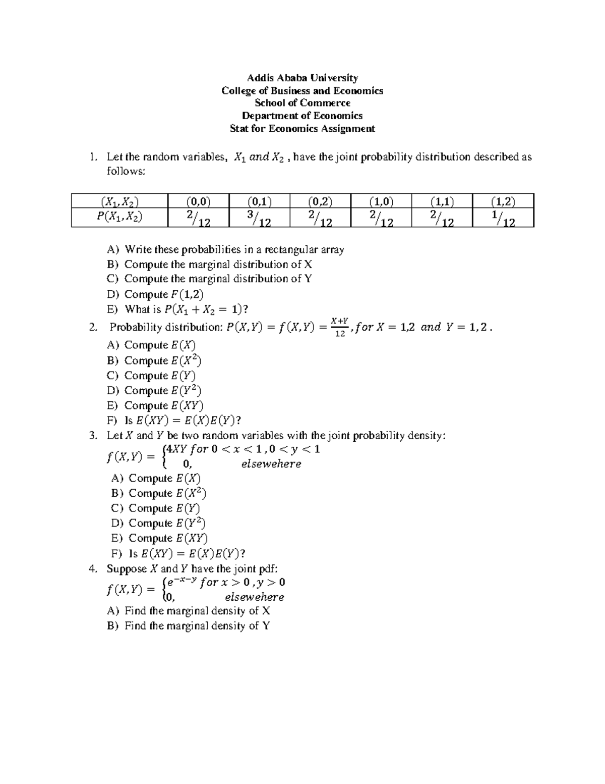 Stat for Economics Assignment (2023) - Addis Ababa University College of Business and Economics ...