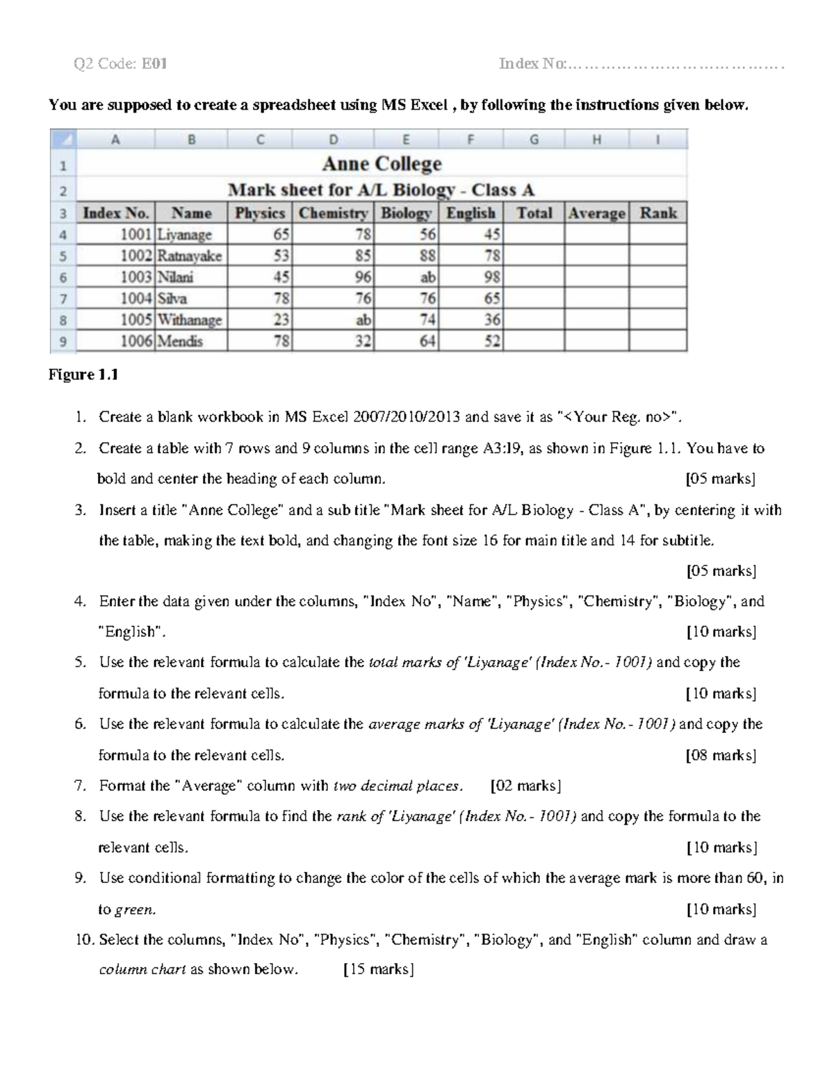 Practical Excel Practice Question - Q2 Code: E01 Index No ...