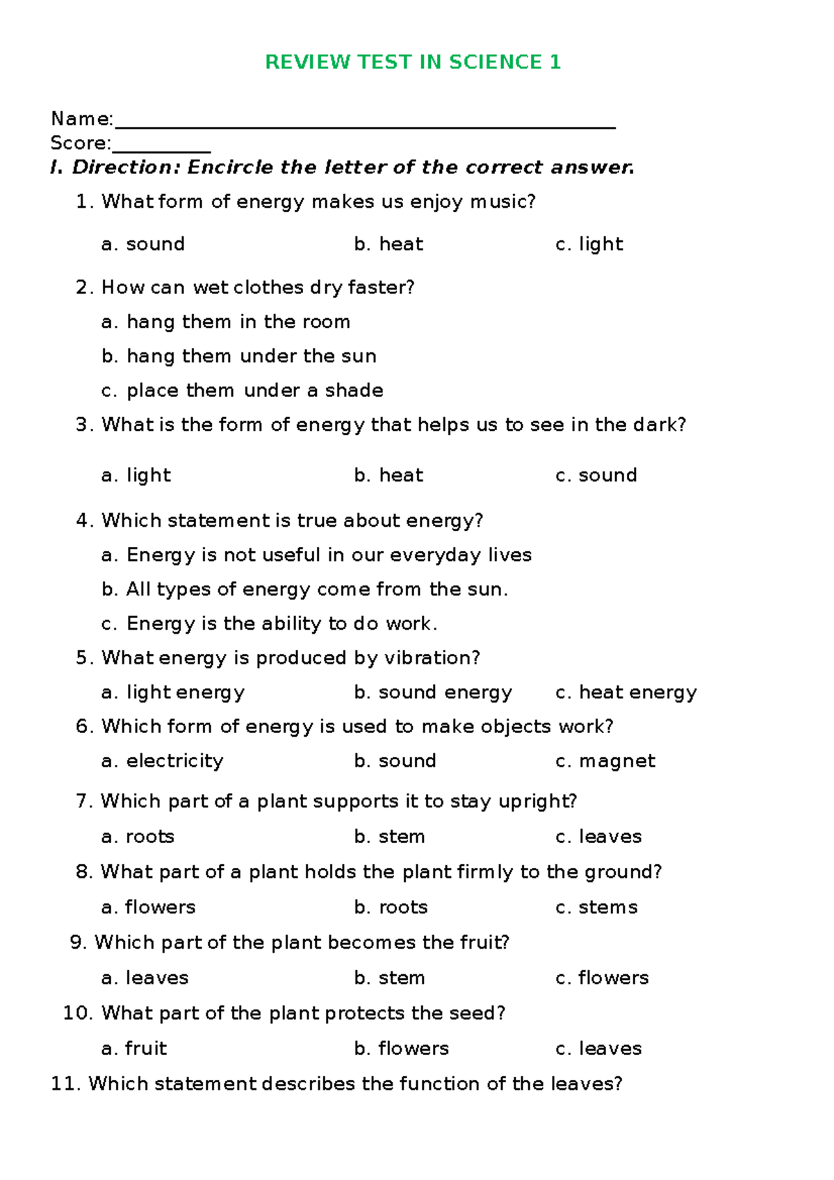 Review TEST IN Science 1 - REVIEW TEST IN SCIENCE 1 - Studocu