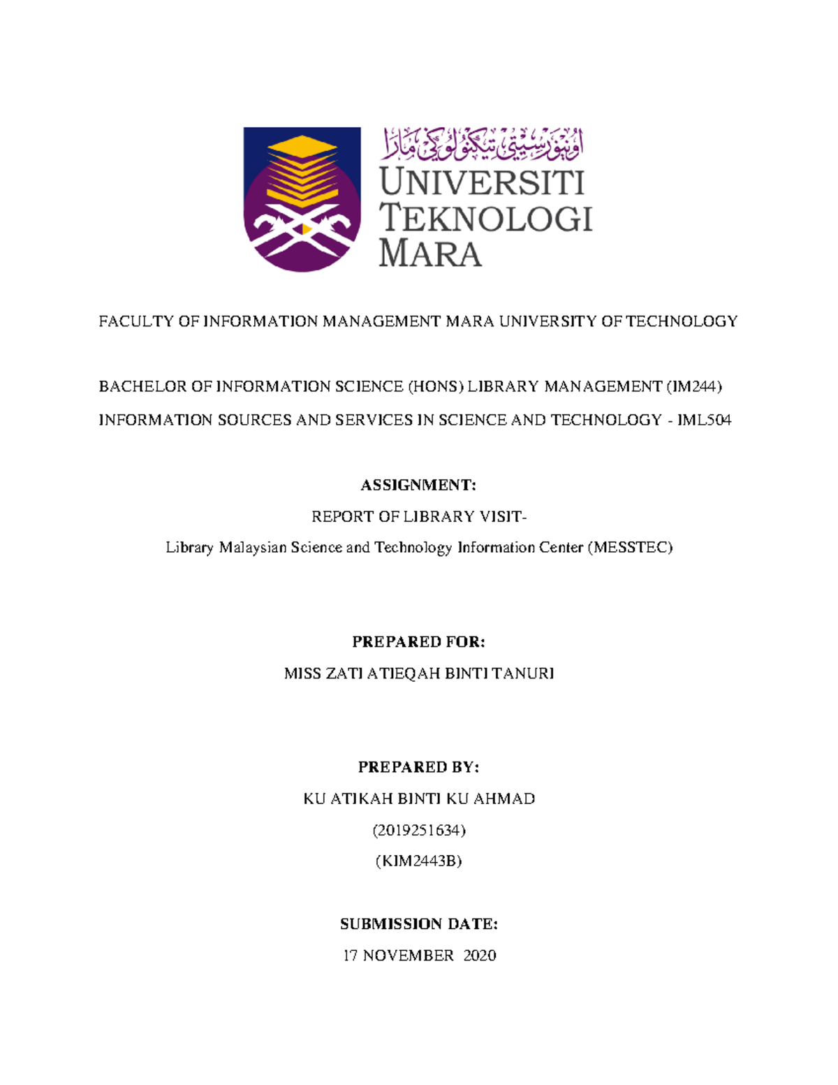 Report of Library Visit - FACULTY OF INFORMATION MANAGEMENT MARA ...