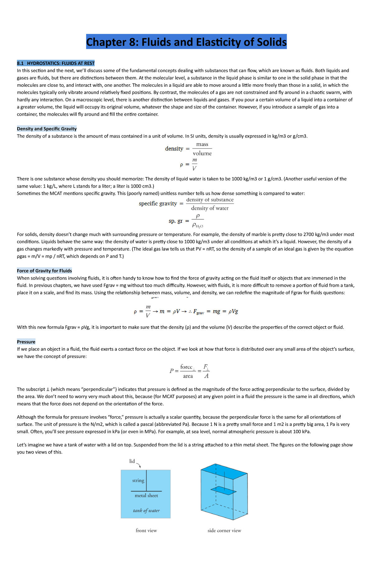 Chp 8 Physics - MCAT PRINCETON TEXTBOOK - Chapter 8: Fluids and Elascity of Solids 8 ...