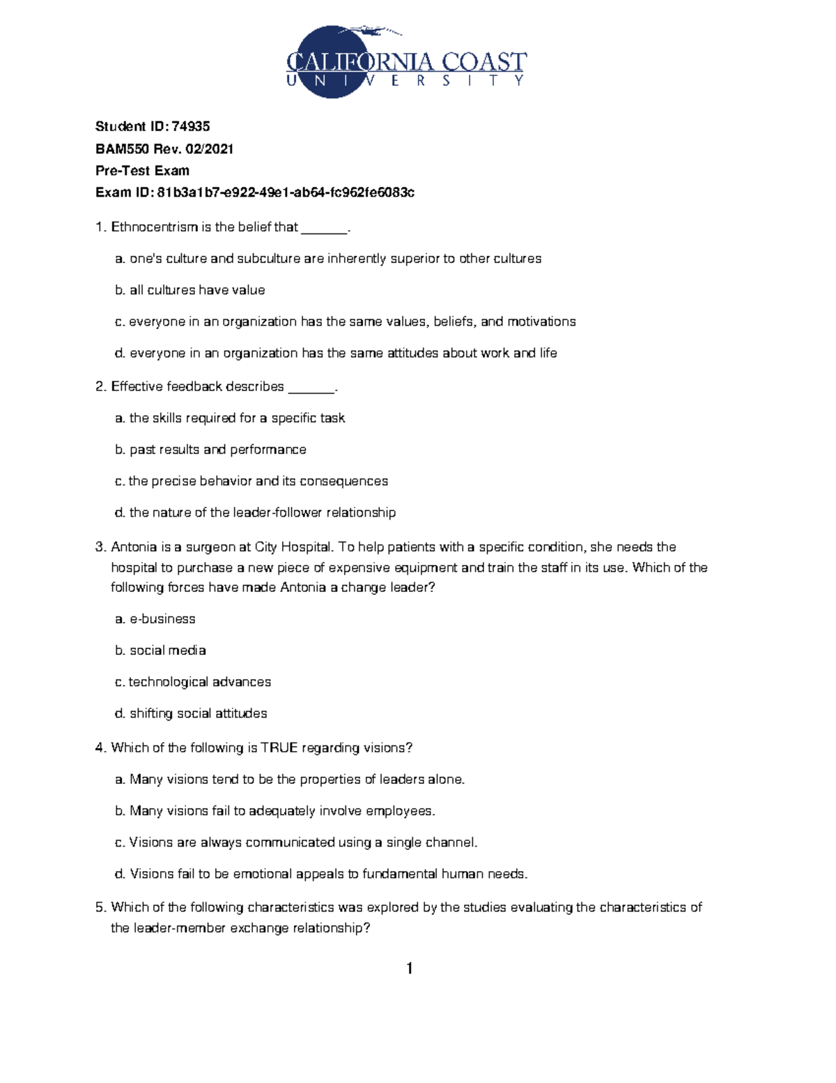 BAM550 Rev 02 2021 pre-test exam - Student ID: 74935 BAM550 Rev. 02 ...