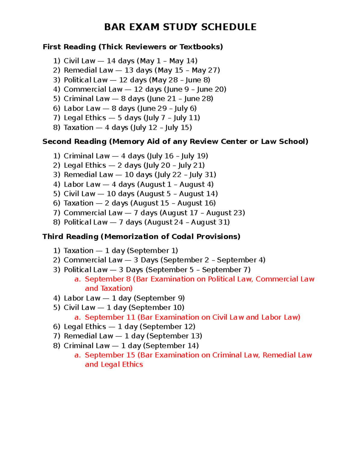 Bar Exam Study Schedule - BAR EXAM STUDY SCHEDULE First Reading (Thick ...