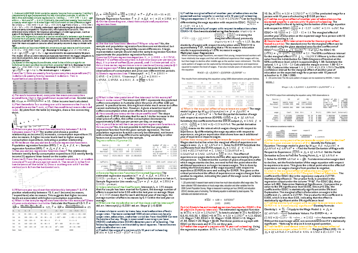 Econometrics Cheat Sheet - Data set AGEPROP contains weekly income from property (‘𝐢𝐫𝐞𝐧𝐭&𝐜𝐩 ...