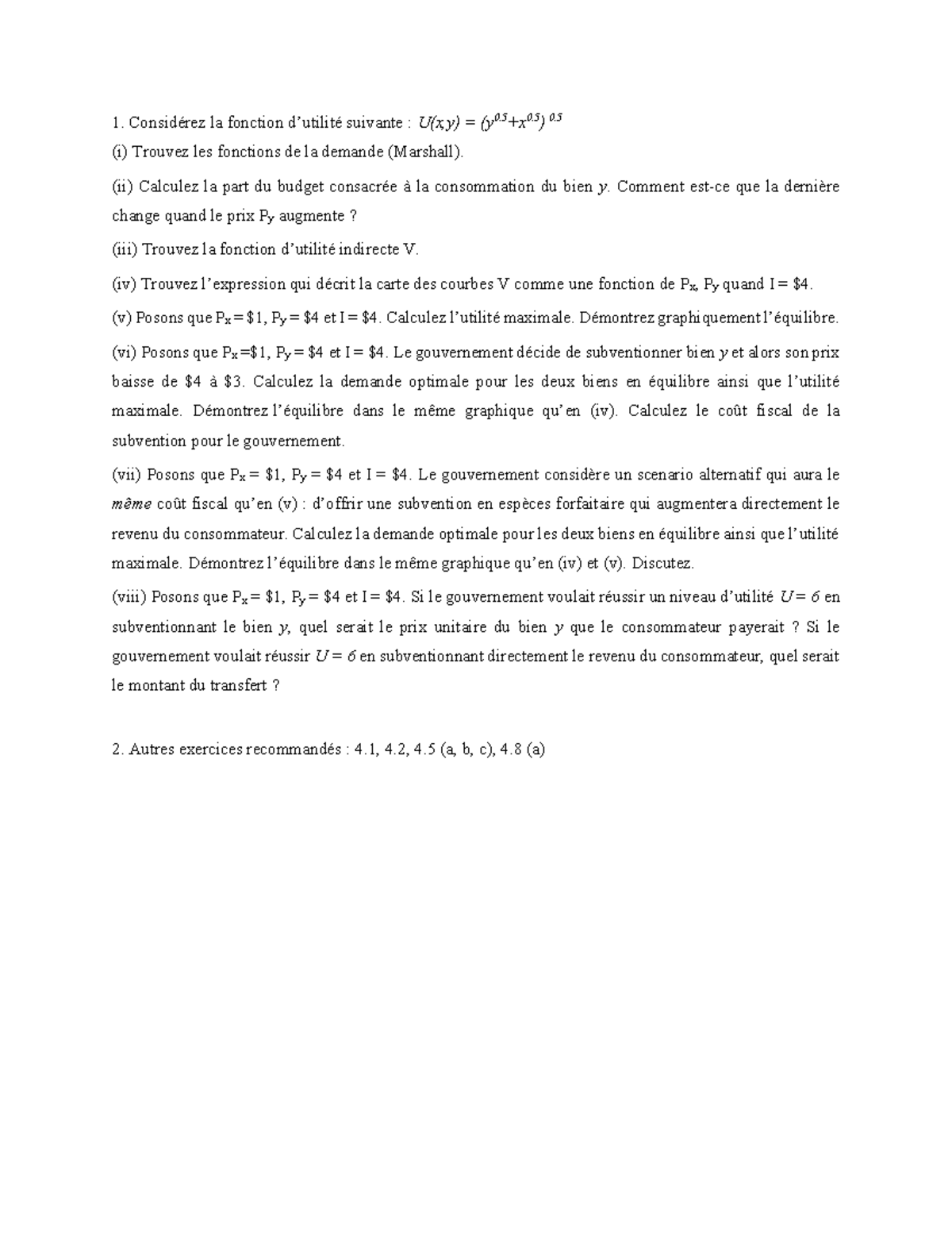 Tp3 - Travaux pratiques numéro 3 - Considérez la fonction d’utilité ...