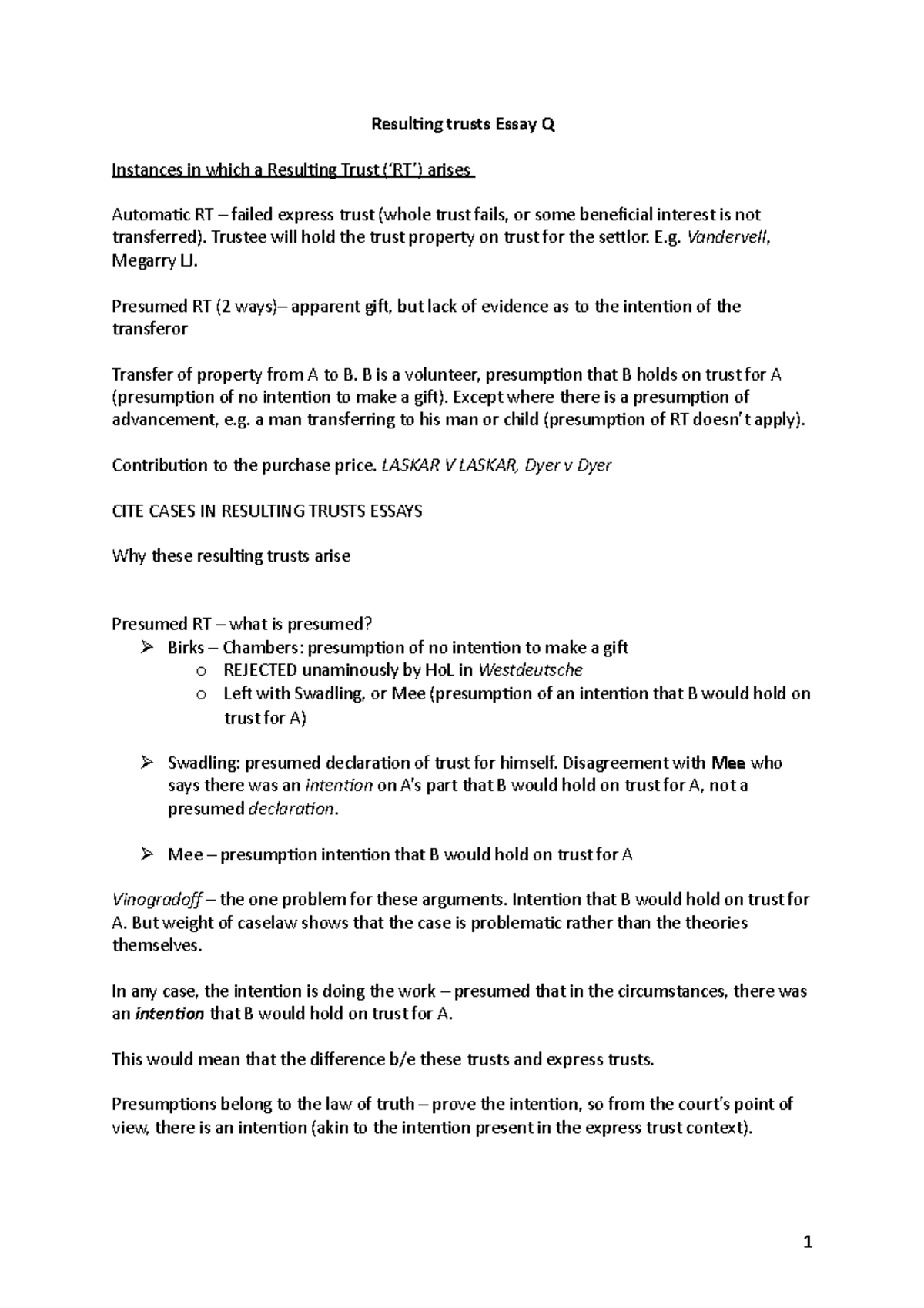 Resulting Trusts Notes and Essay Plan - Resulting trusts Essay Q ...