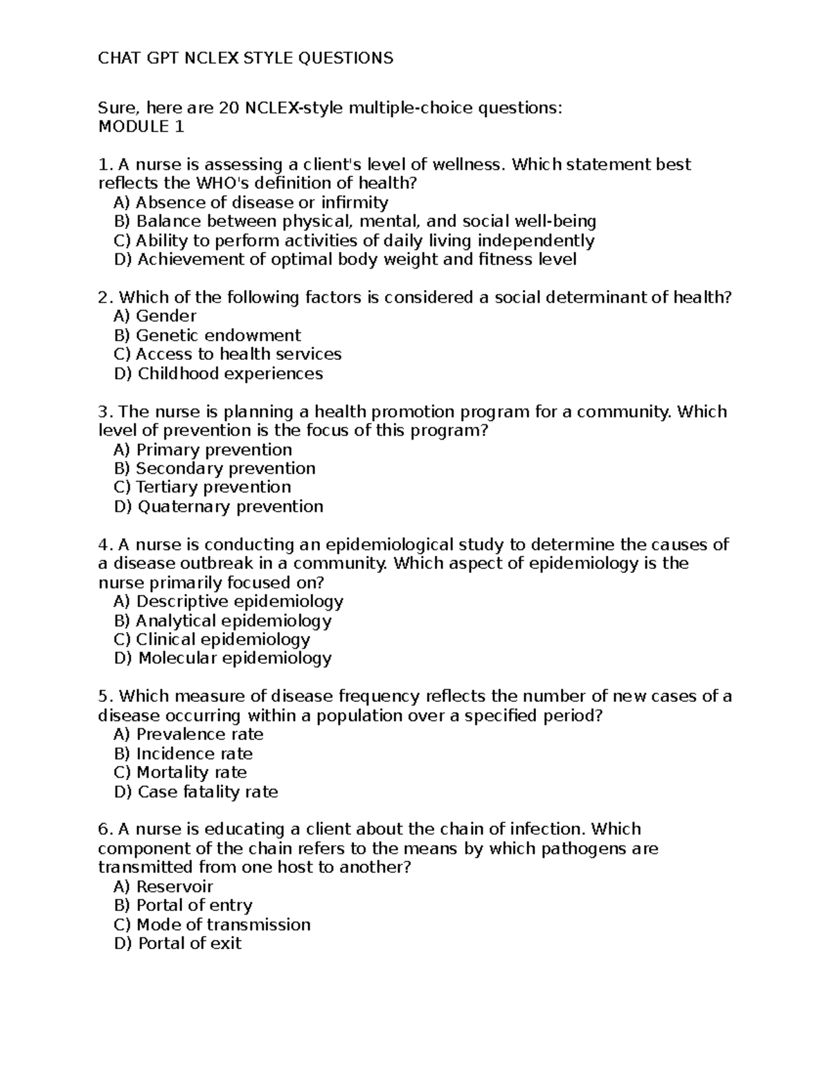 Nclex 1000 Midterm questions - Sure, here are 20 NCLEX-style multiple ...