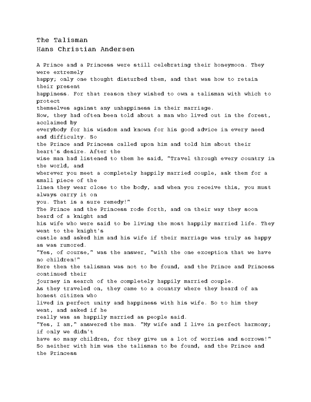 The Talisman - Very interesting - The Talisman Hans Christian Andersen ...