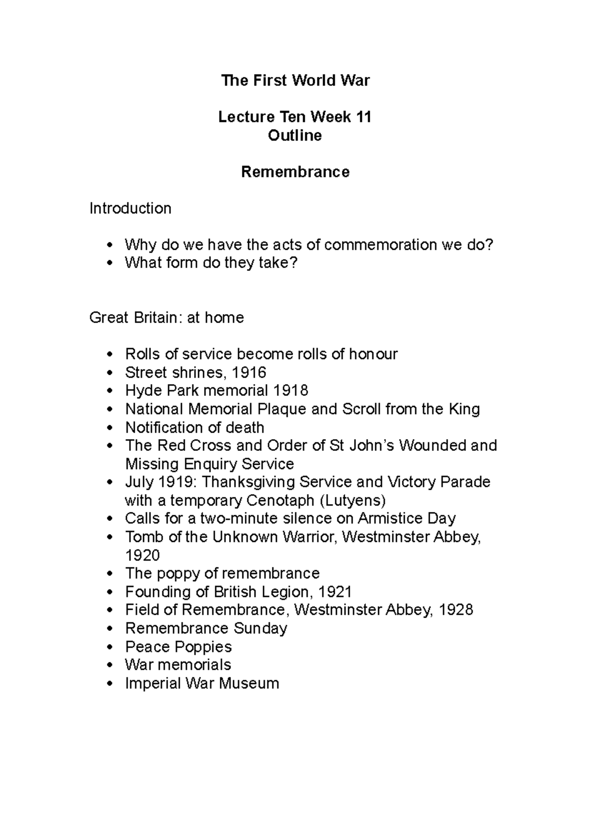 Ww1 remembrance - The First World War Lecture Ten Week 11 Outline ...