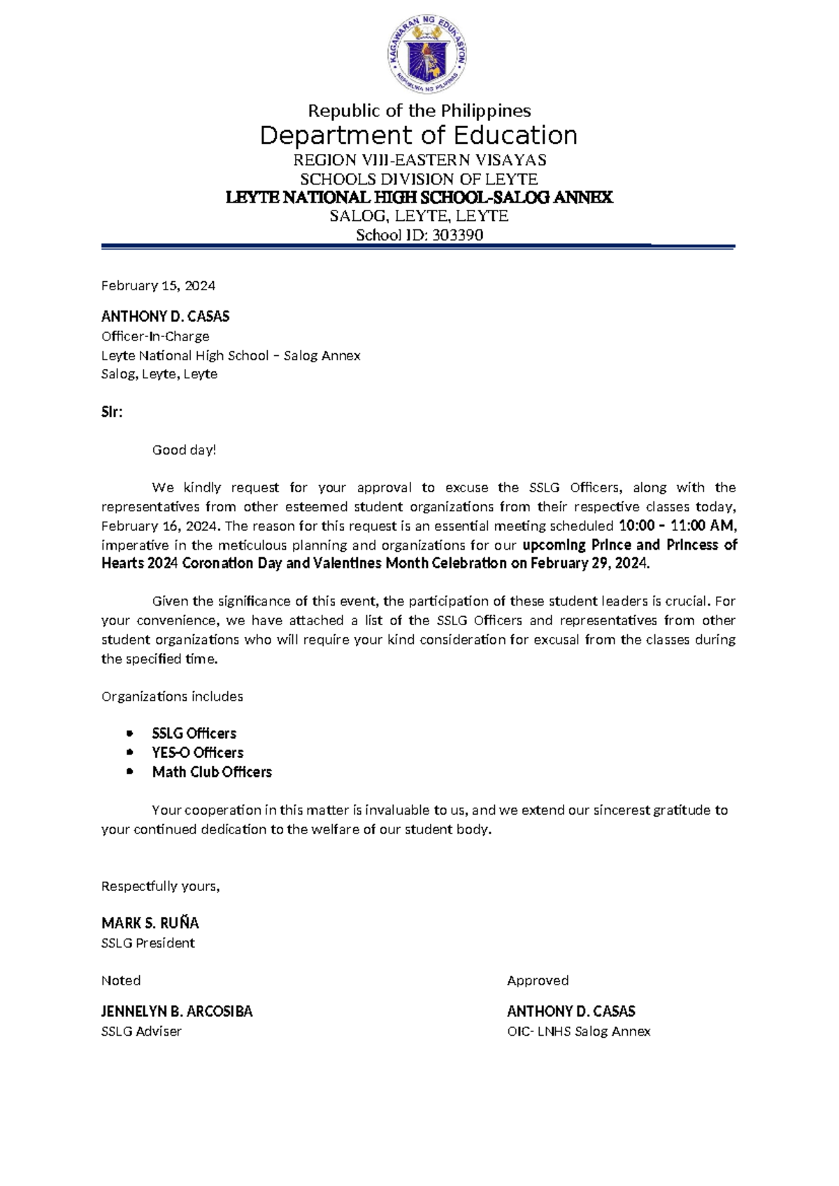 Excuse letter for SSLG meeting - Republic of the Philippines Department ...