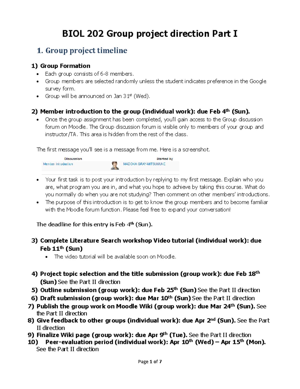 BIOL 202 Group project direction part I - Group project timeline 1 ...