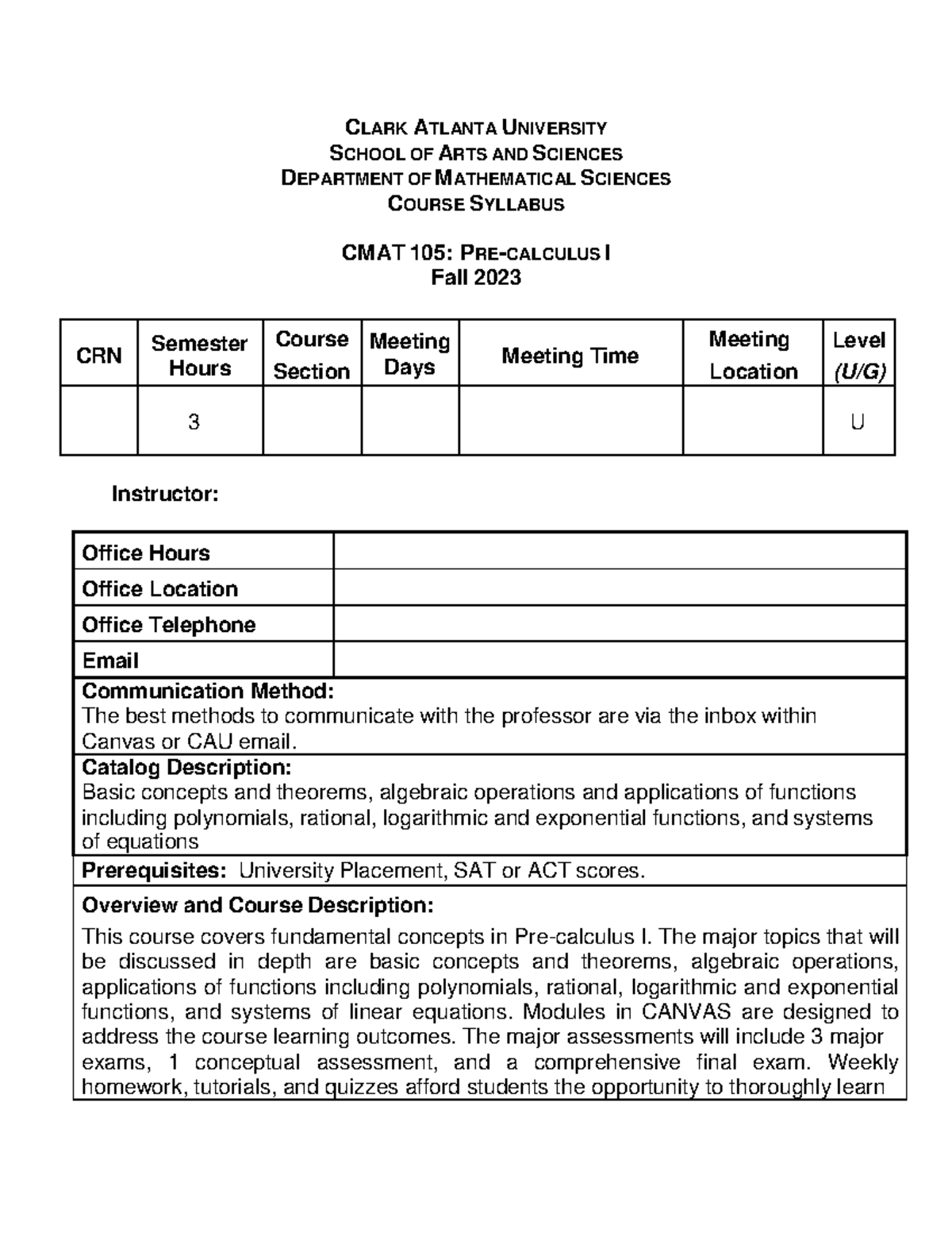 CMAT 105 - Common Syllabus Fall 2023 p - CLARK ATLANTA UNIVERSITY ...