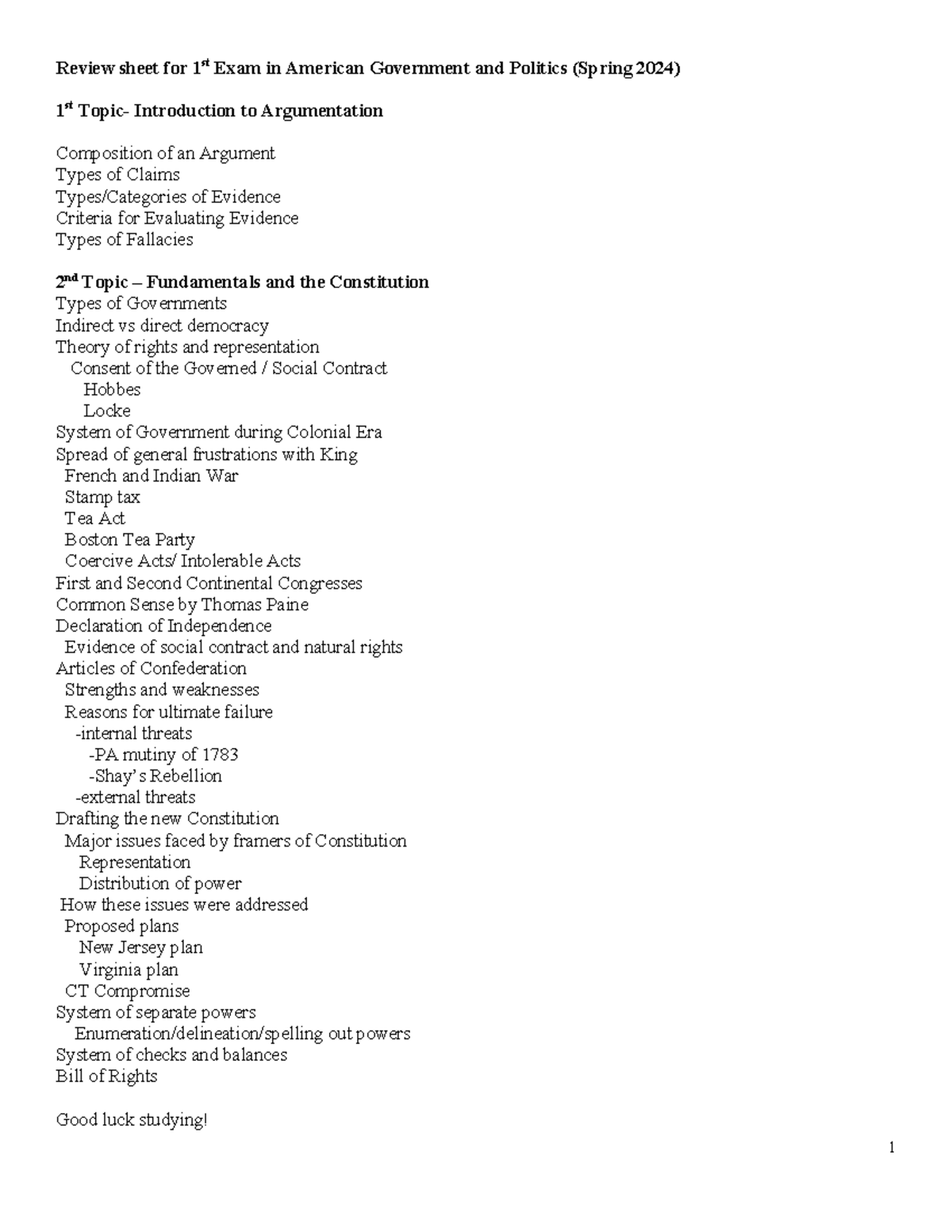 1st Exam Review sheet for American Government and Politics (Spring 2024 ...