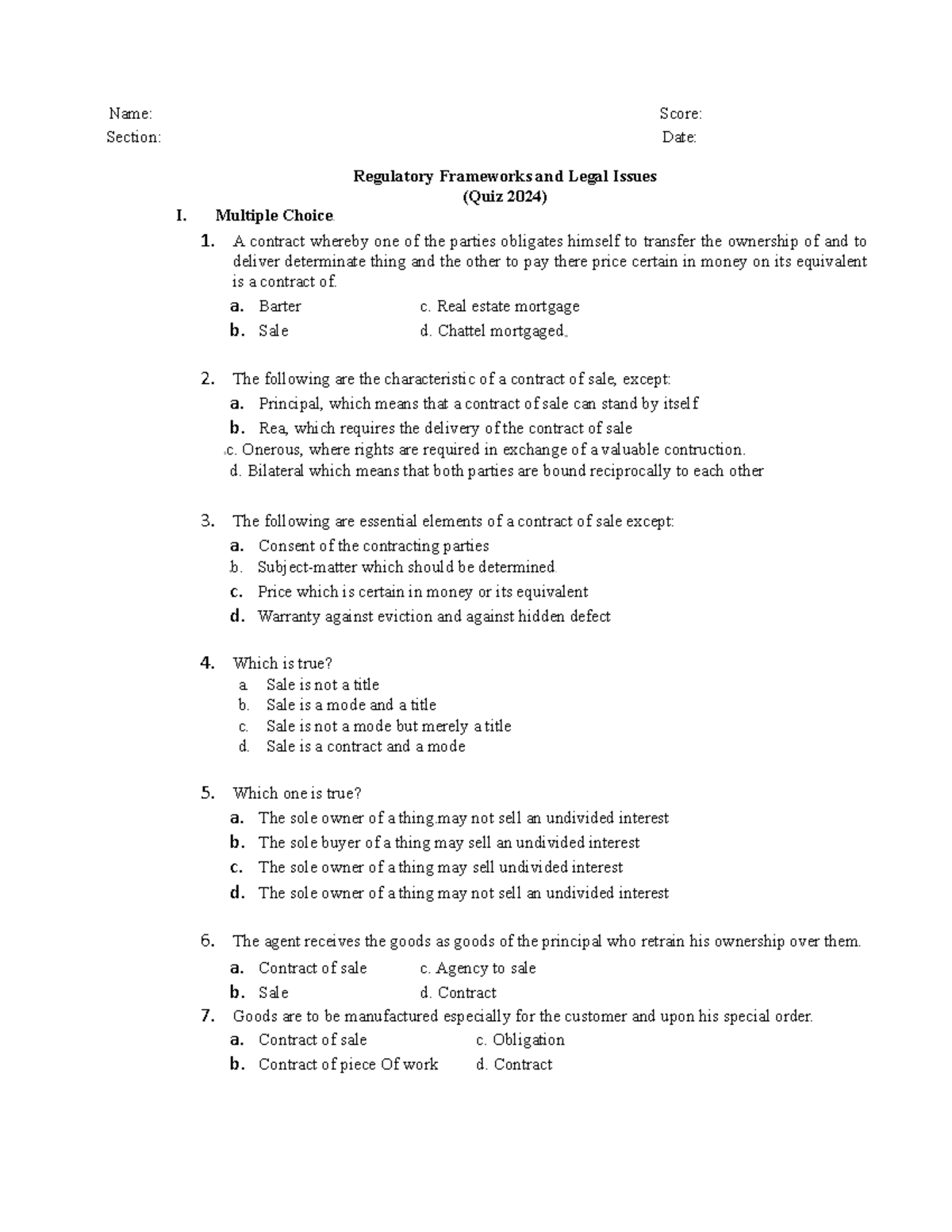 RFLI-Quiz-1 - Name: Score: Section: Date: Regulatory Frameworks and ...