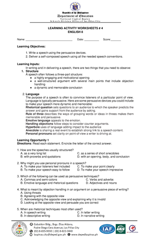 Q4 ENG 8-LAW-3 - activity sheet - LEARNING ACTIVITY WORKSHEETS # 3 ENGLISH 8 Learning Objectives ...