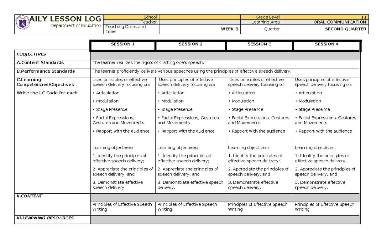 OC-Q2-W8 - DLL - DAILY LESSON LOG Department of Education School Grade ...