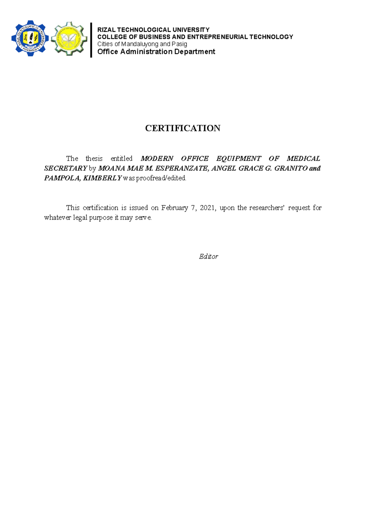 Certification Thesis-Editing-Grammarian - RIZAL TECHNOLOGICAL ...