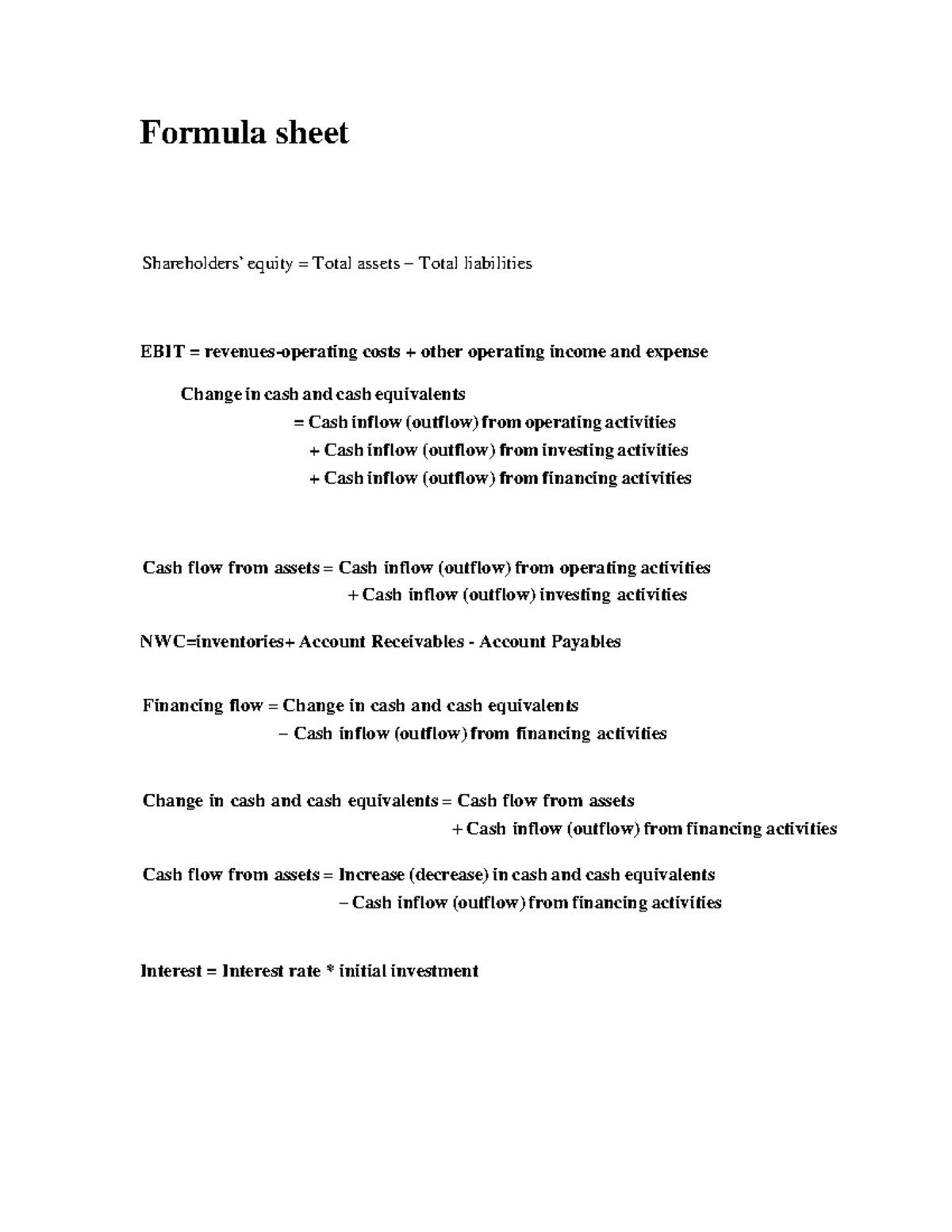 Formula Sheet for Finance - Formula sheet Shareholders’ equity=Total ...