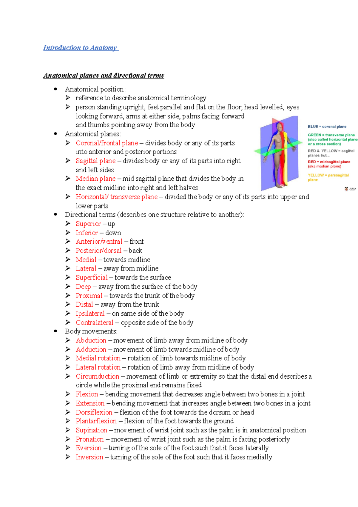 Lecture 1 - Introduction to Anatomy Anatomical planes and directional ...