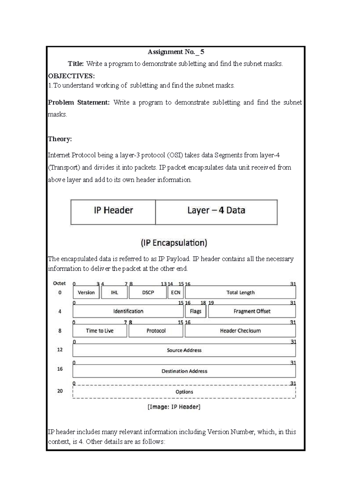 Cn lab manual a4 subnet - Assignment No._ 5 Title: Write a program to ...