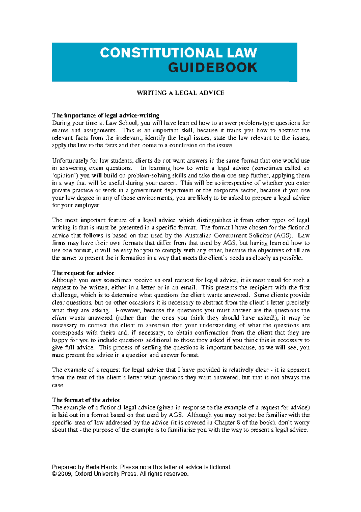 How to write legal advice - Prepared by Bede Harris. Please note this ...