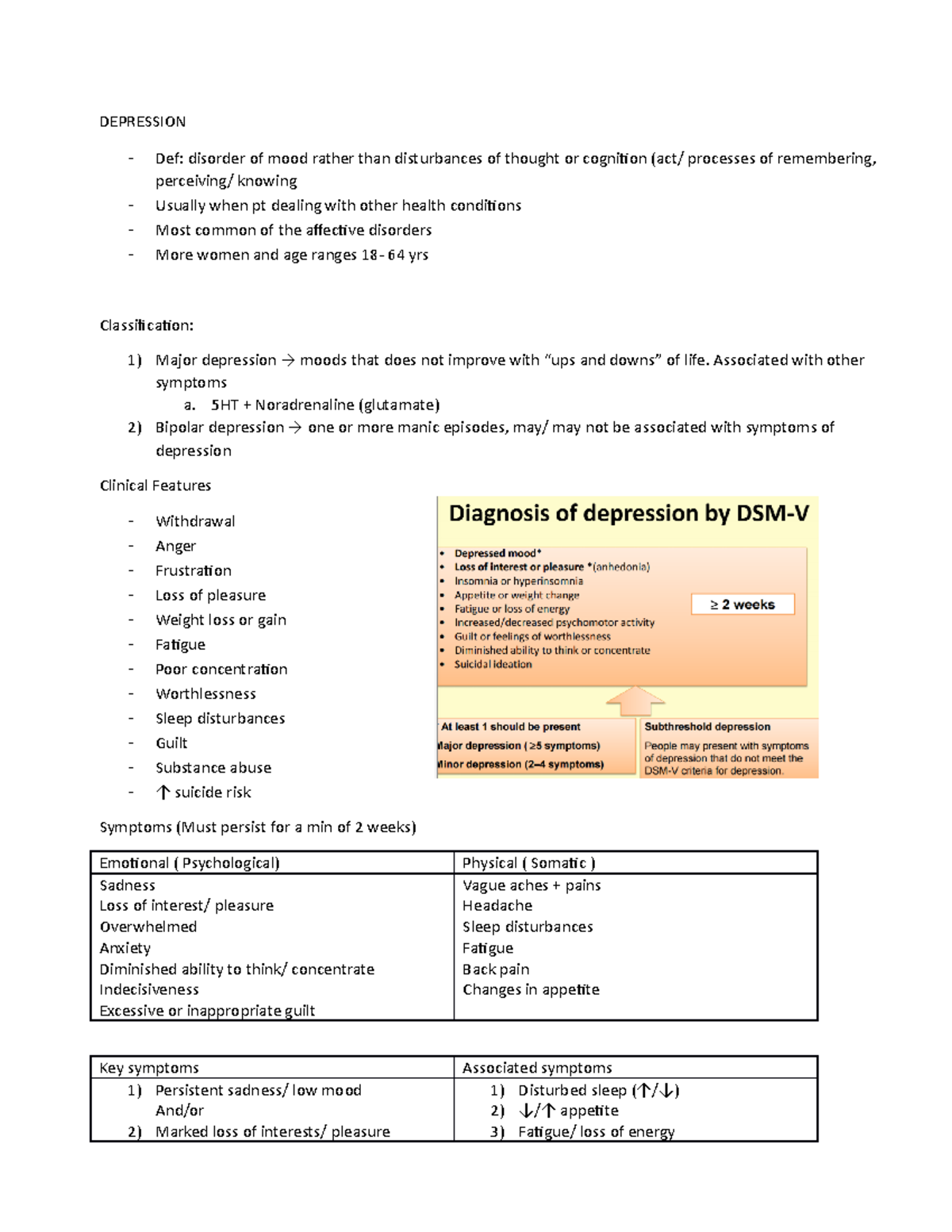 Depression notes - DEPRESSION - Def: disorder of mood rather than ...