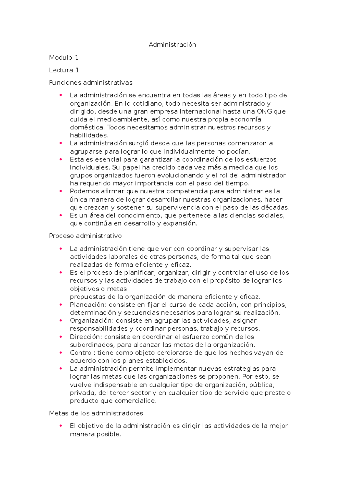 Administración - resumen - Administración Modulo 1 Lectura 1 Funciones ...