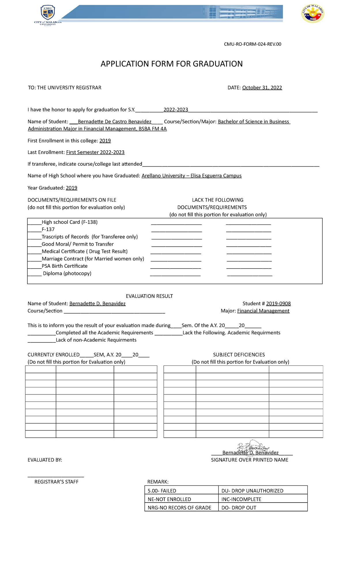 FM4A Benavidez Bernadette D - CMU-RO-FORM-024-REV. APPLICATION FORM FOR ...