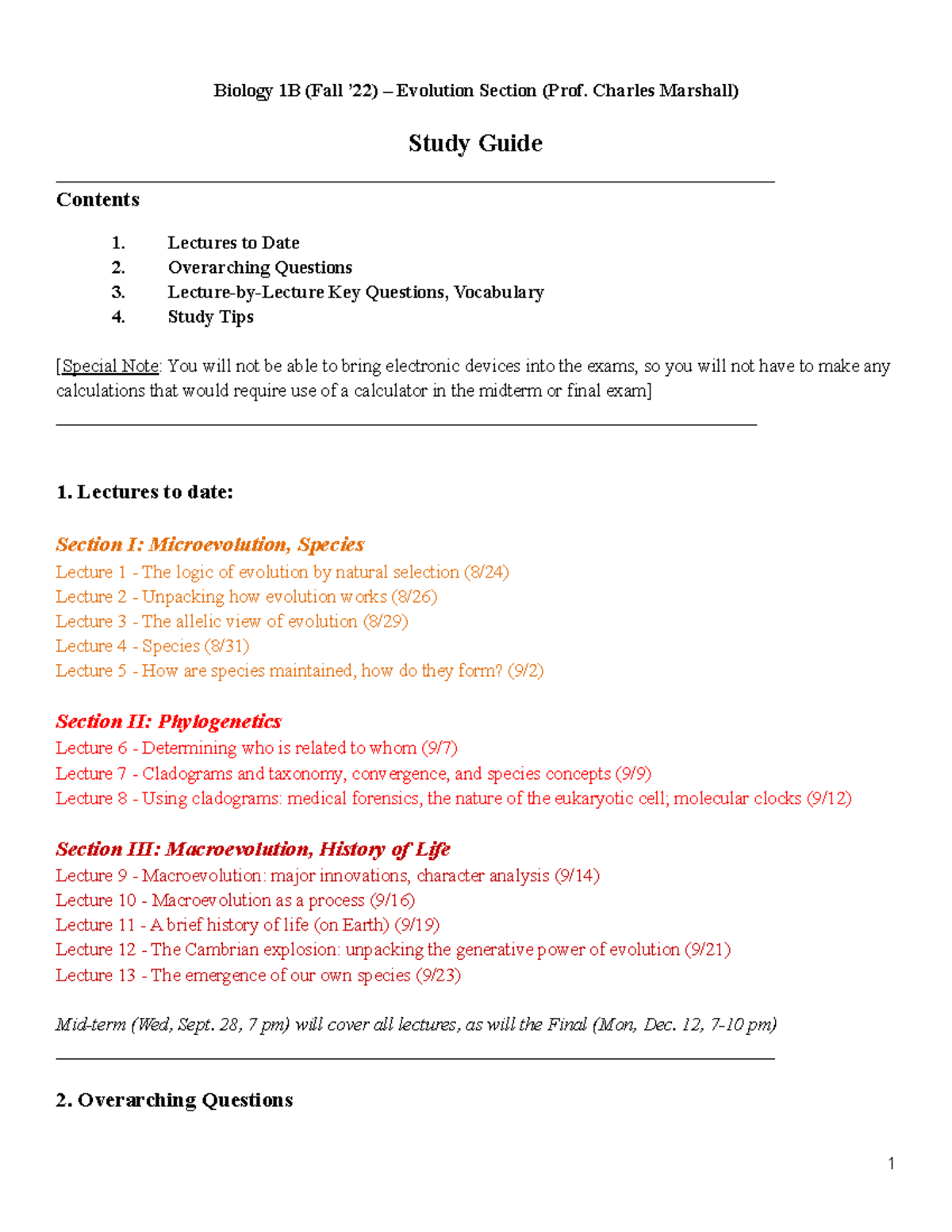 Evolution Lecture Study Guide - Biology 1B (Fall ’22) – Evolution ...