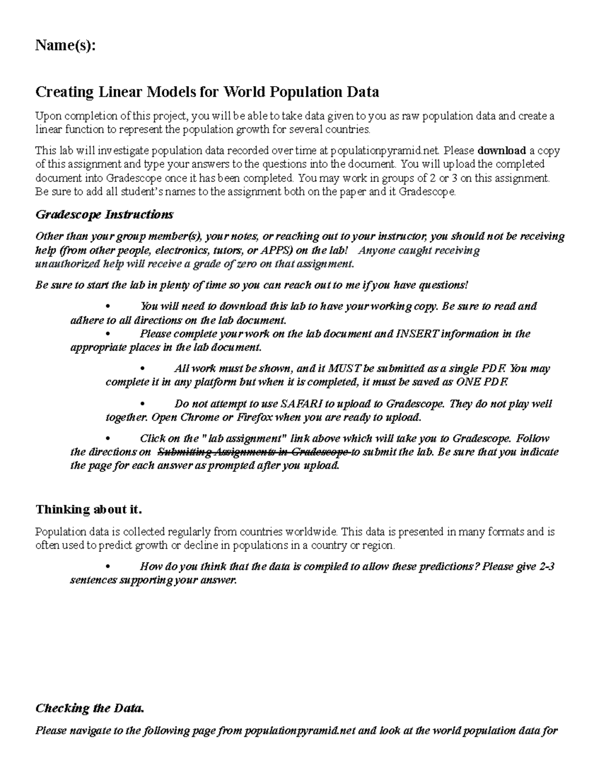 Population Regression Lab - Name(s): Creating Linear Models for World Population Data Upon - Studocu