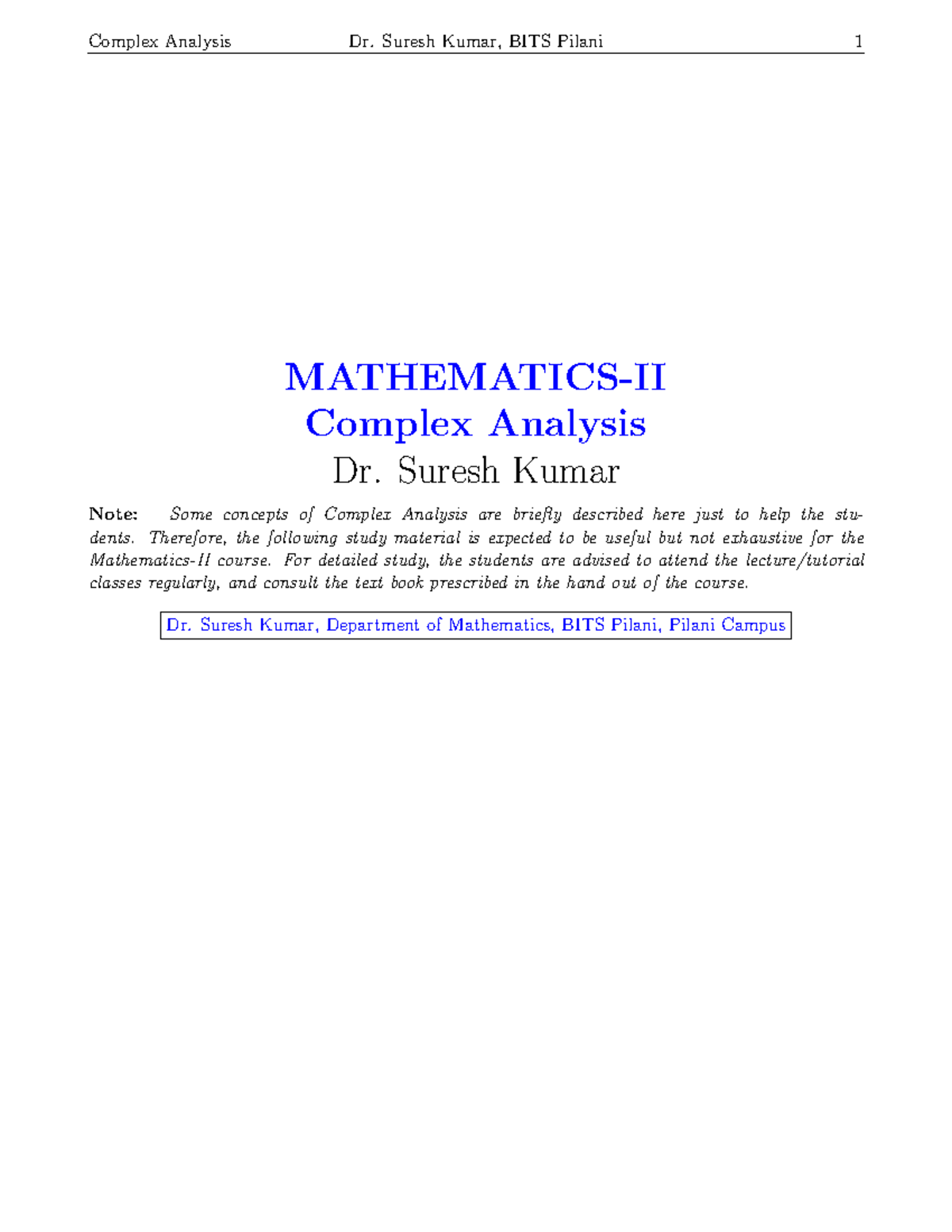 Complex Analysis - Suresh Sir' notes - MATHEMATICS-II Complex Analysis ...