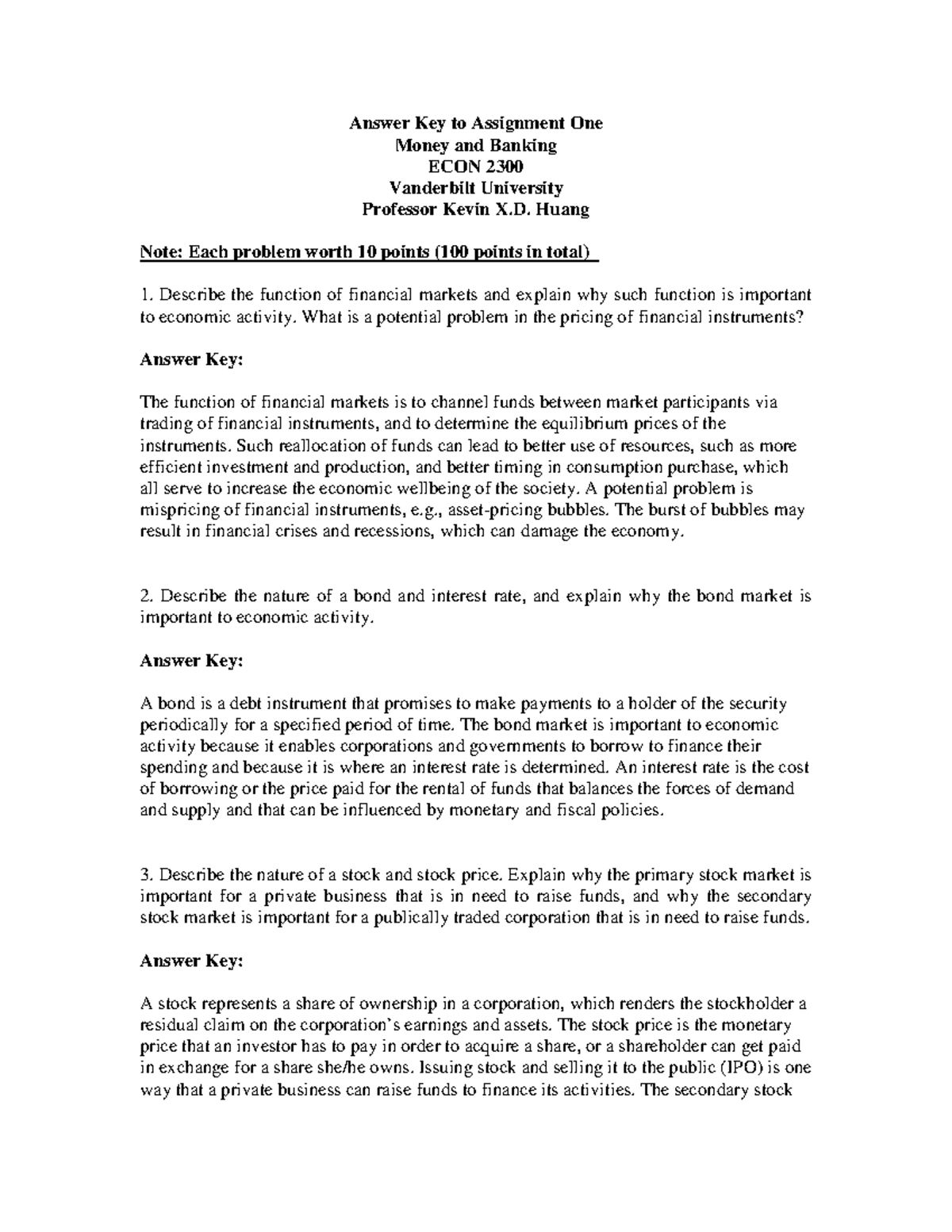 Assignment 1 Answer - Homework 1 - Answer Key to Assignment One Money ...