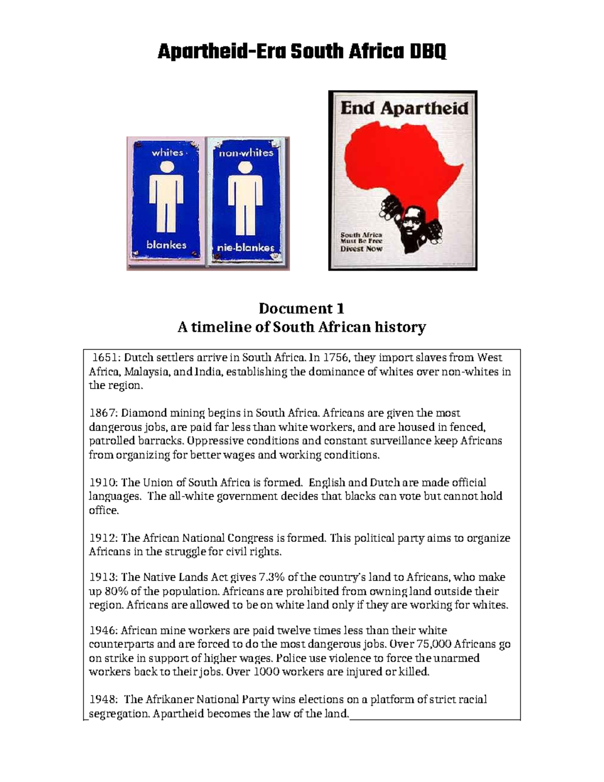 Copy of Apartheid DBQ - Apartheid-Era South Africa DBQ Document 1 A ...