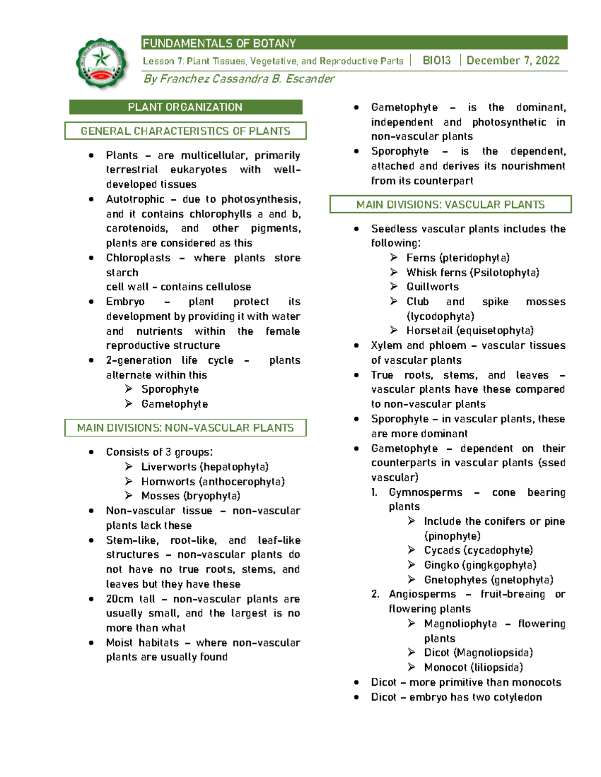 Plant Tissues, Vegetative, and Reproductive Parts Notes - Lesson 7 ...