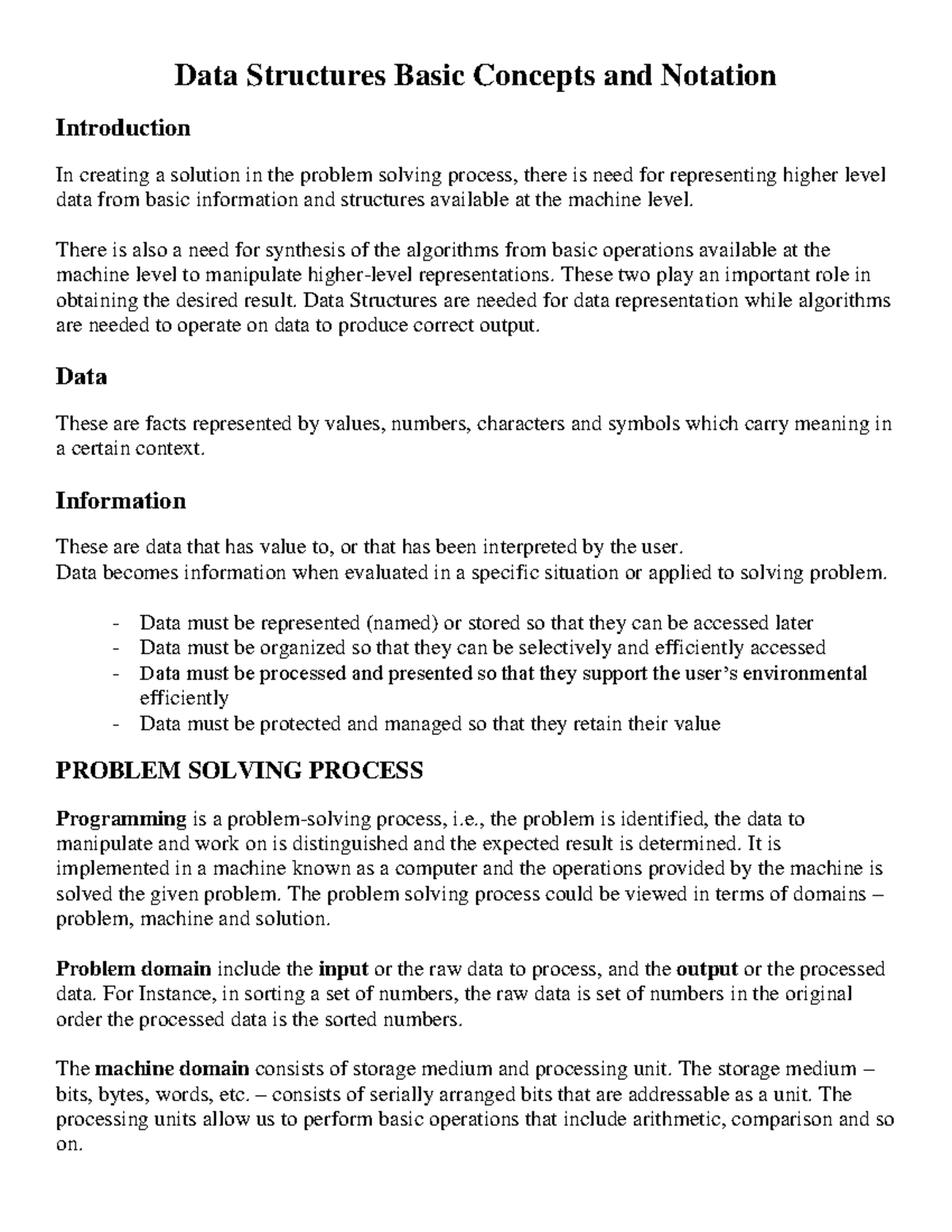Data Structures Basic Concepts And Notation Data Structures Basic