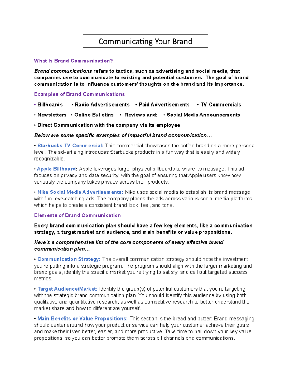 Handouts IN Entrep - What Is Brand Communication? Brand communications refers to tactics, such ...