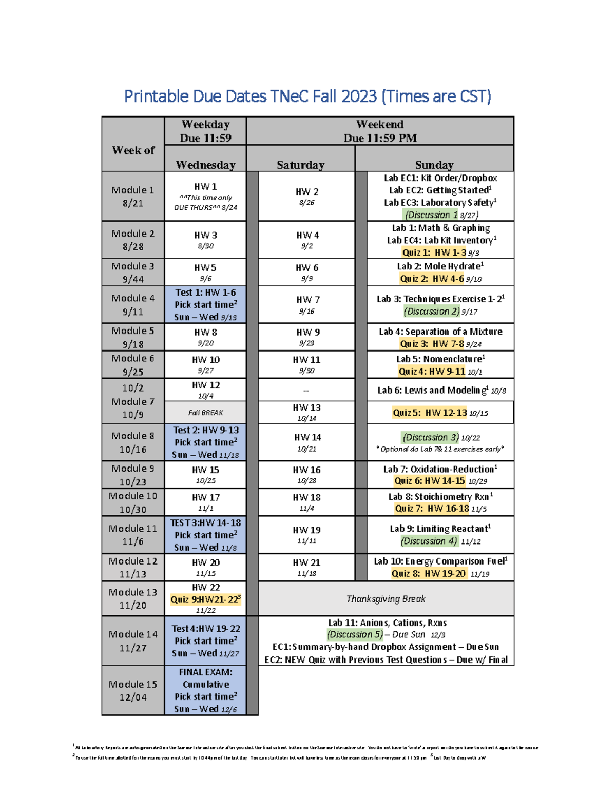 Printable Schedule Fall 2023 Online Classes TNe C GC1 - 1 All ...