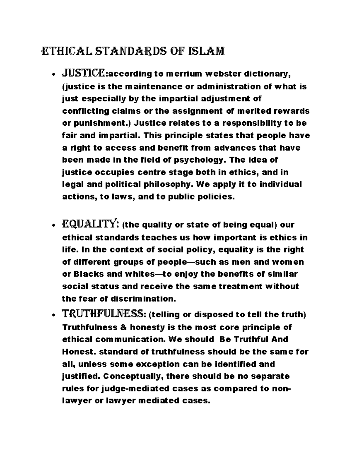 Ethical standards of islam - ethical standards of islam Justice ...