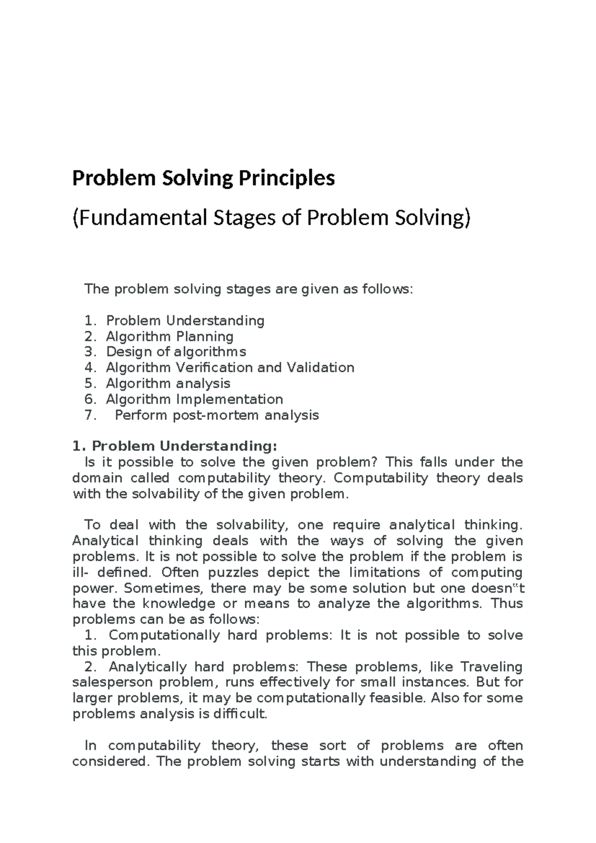 U-3 - The problem solving stages are given as follows: 1. Problem ...