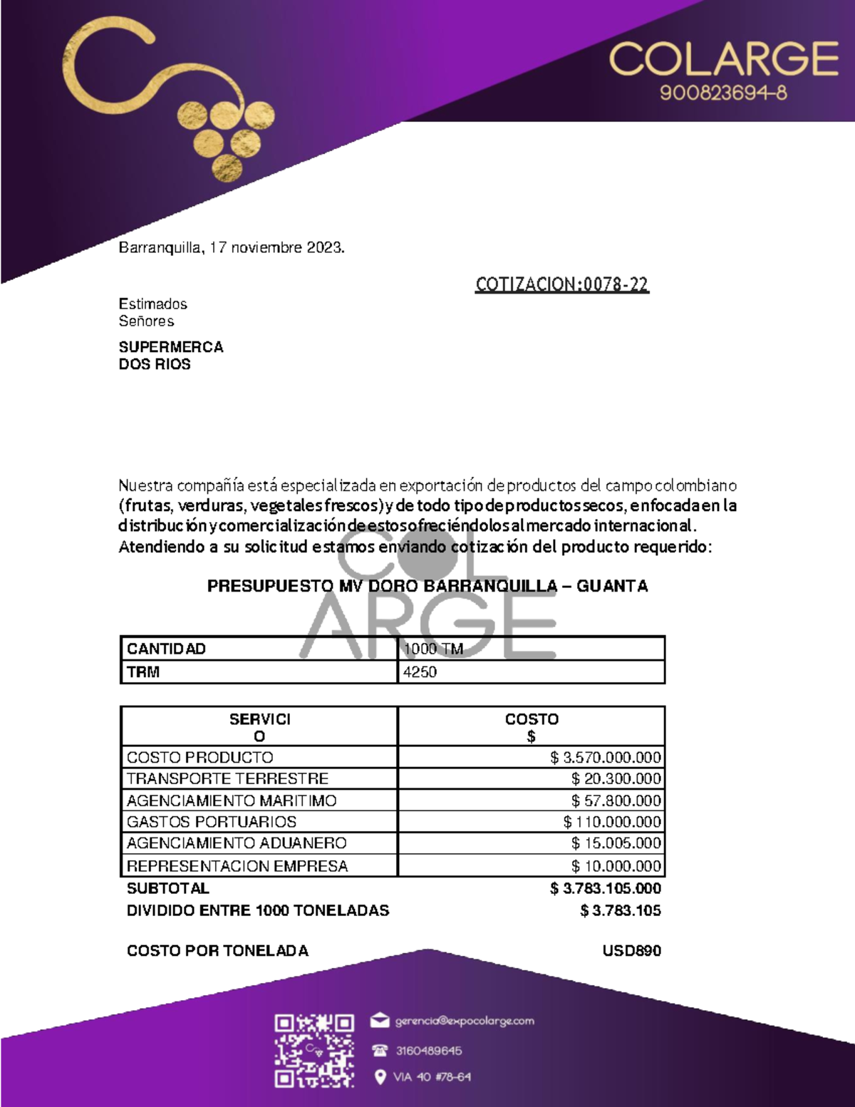 Cotizacion 0078 Oferta Comercial Exportacion Arroz - Barranquilla, 17 ...