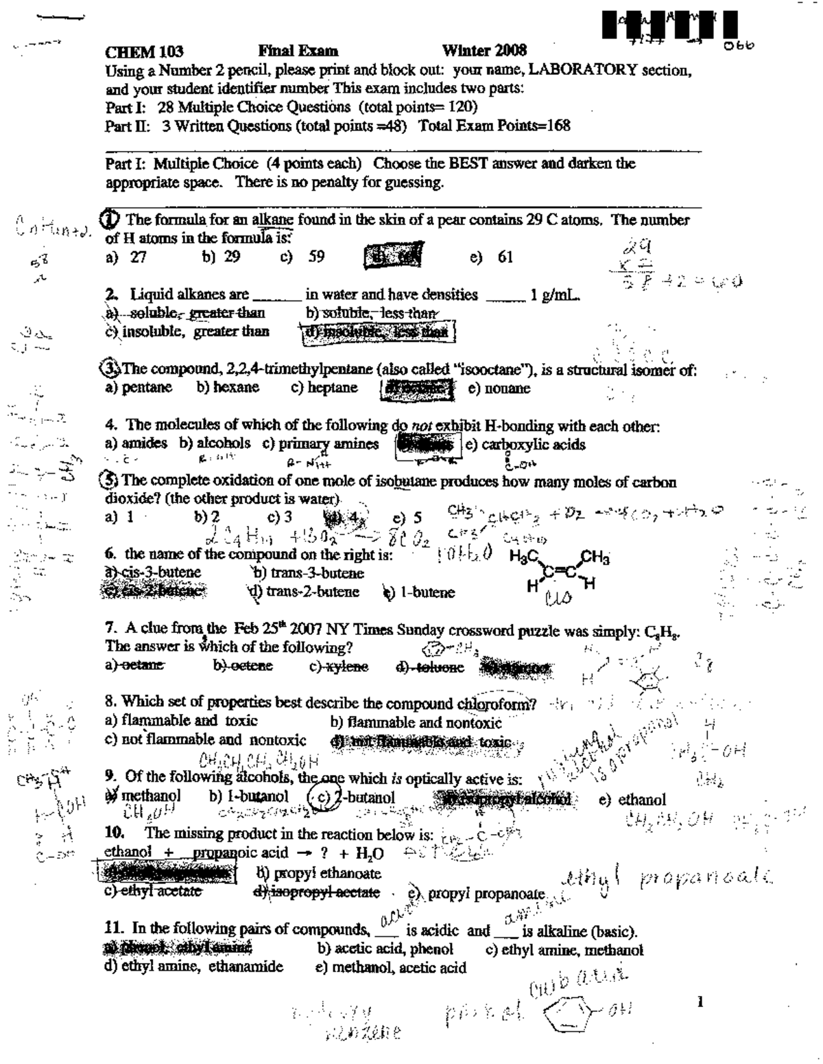 Chemistry 103 Final Exam - CHEM 103 Final Exam Winter 2008 Using a ...