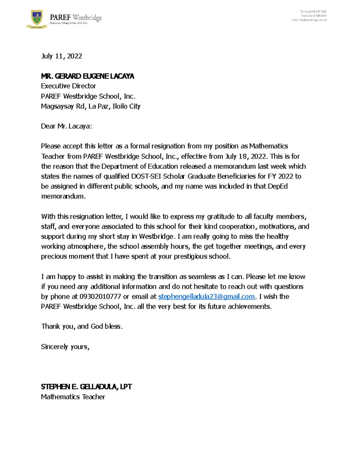 Resignation Letter - Paref Westbridge School, Inc - July 11, 2022 MR ...