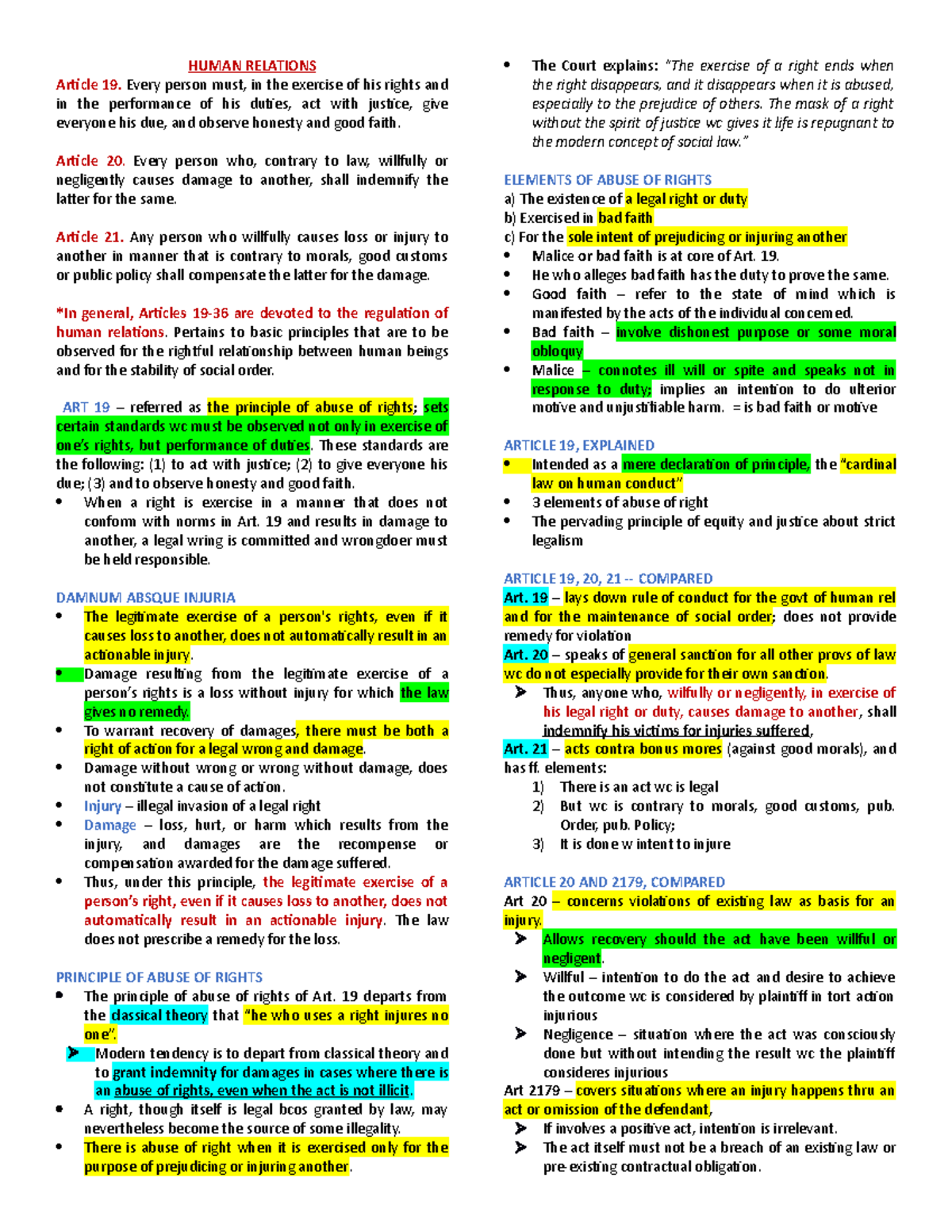 CC AND Human REL - Rabuya Notes - HUMAN RELATIONS Article 19. Every ...