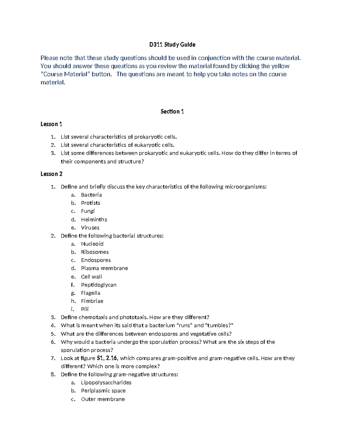 D311 Study Guide - class - D311 Study Guide Please note that these study questions should be ...