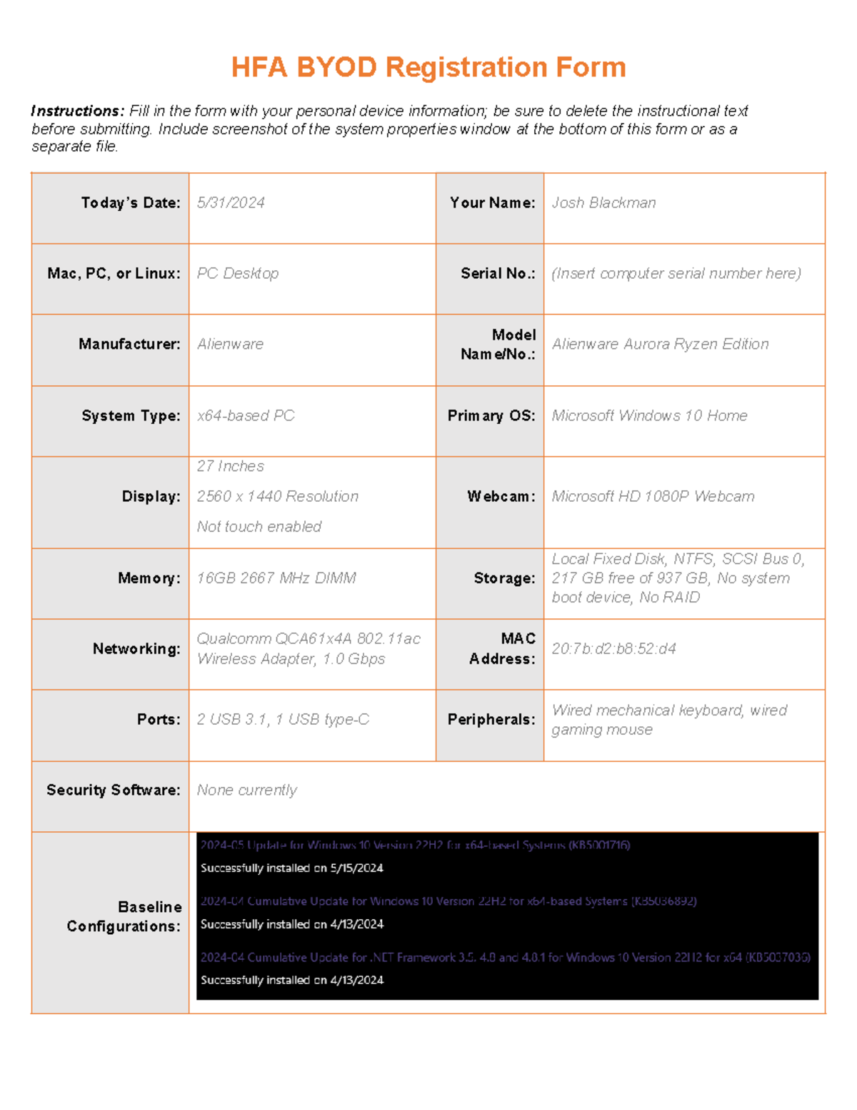 Josh Blackman HFA BYOD Registration FORM - HFA BYOD Registration Form ...