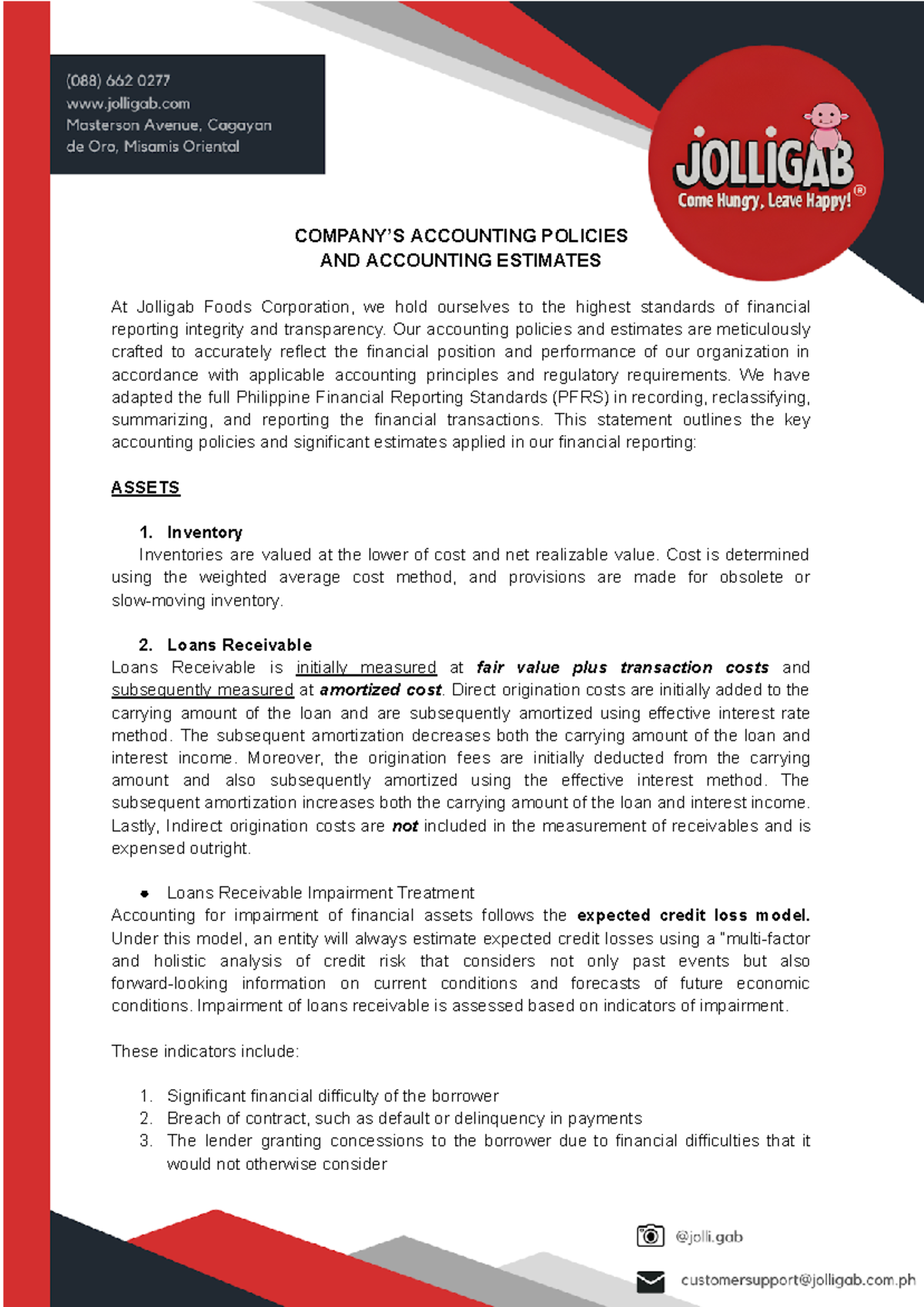 Accounting Policies AND Estimates - COMPANY’S ACCOUNTING POLICIES AND ...