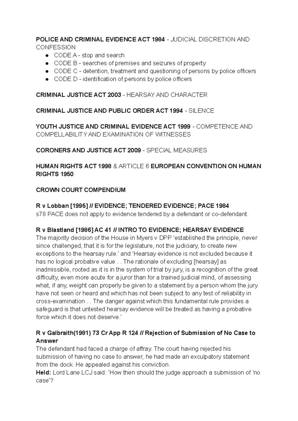 Core Evidence CASE LAW and LEGISLATION list - POLICE AND CRIMINAL ...